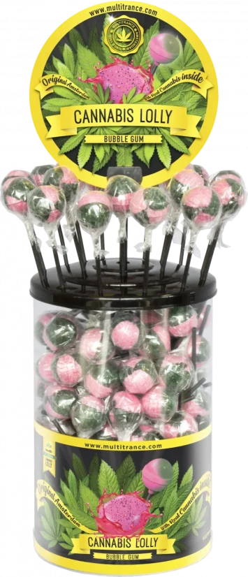 Cannabis Bubble Gum Lollies – Display Container (100 Lollies), 1800 g