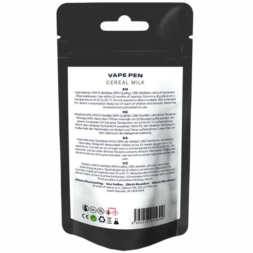 Canntropy HHCH Vape Pen Leche de cereales, calidad HHCH 95%, 1 ml