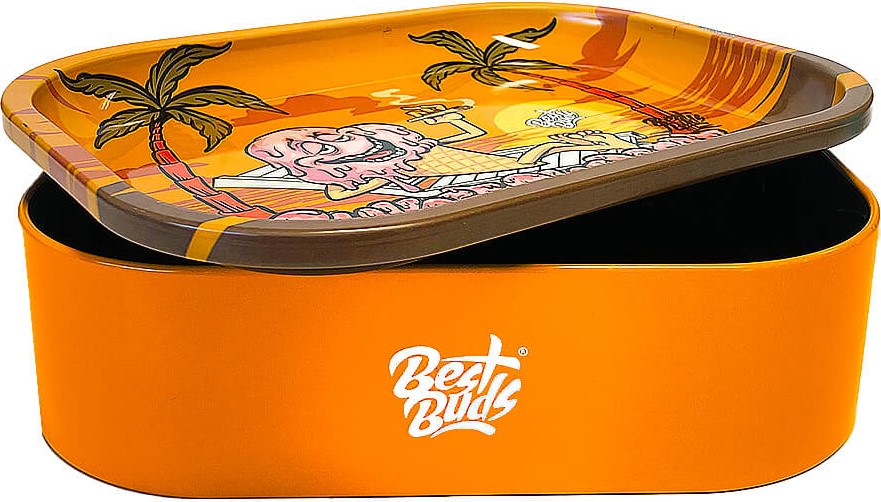 Best Buds Thin Box Rolling Tray with Storage, Sunset Sherbet