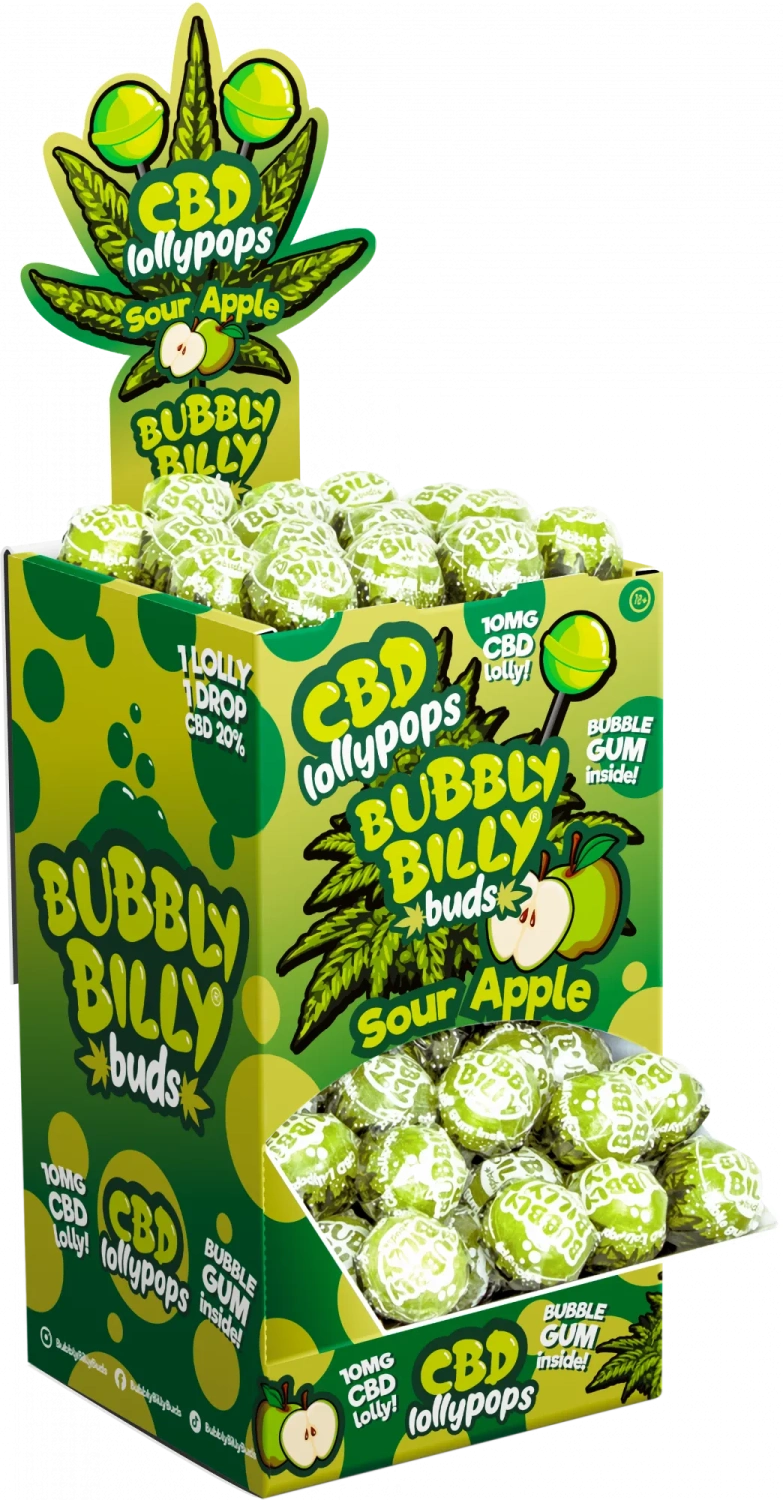 Bubbly Billy Buds 10 mg CBD Sour Apple Lollies with Bubblegum Inside ...