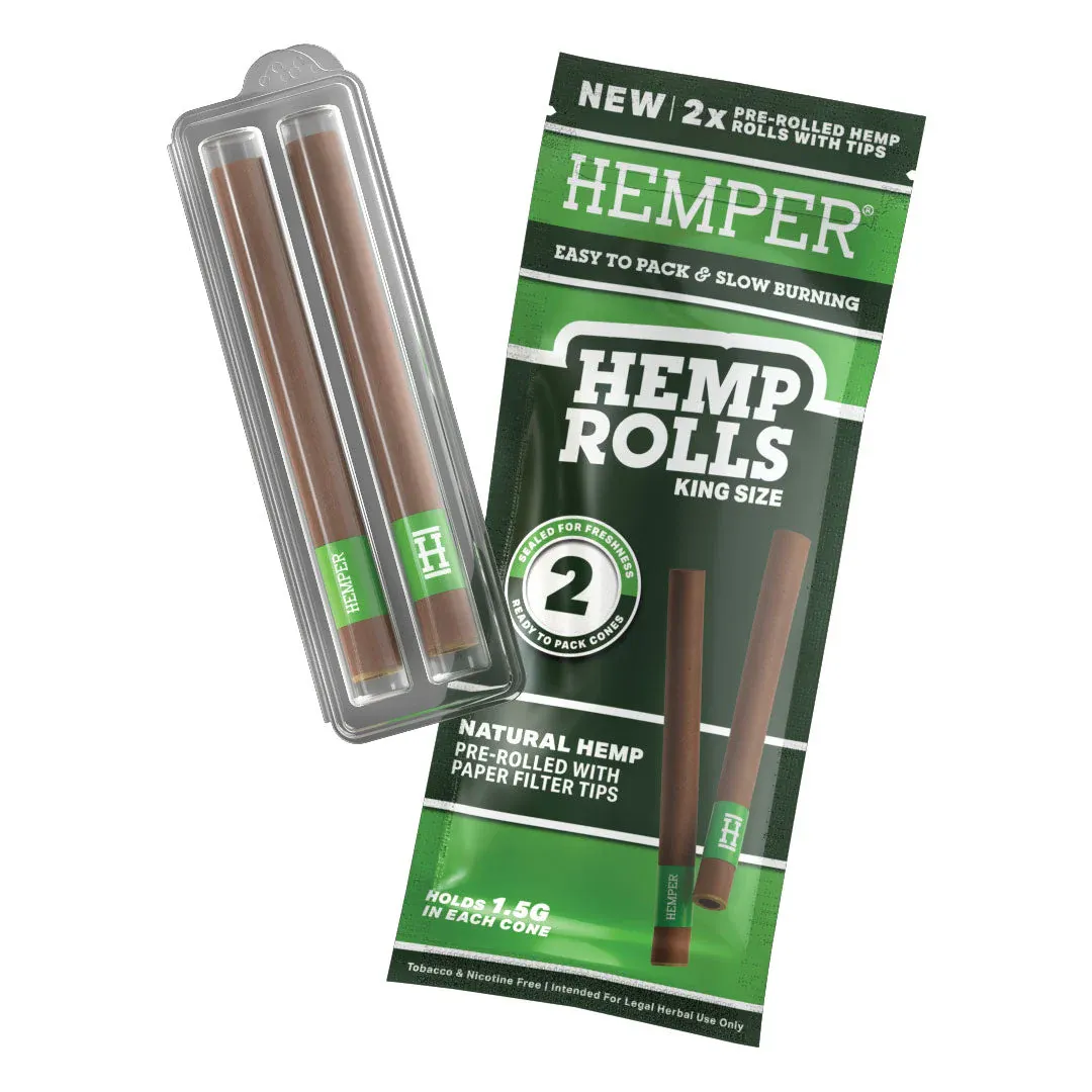 HEMPER King Size Rolls + Glass Tip 2pk - Natural